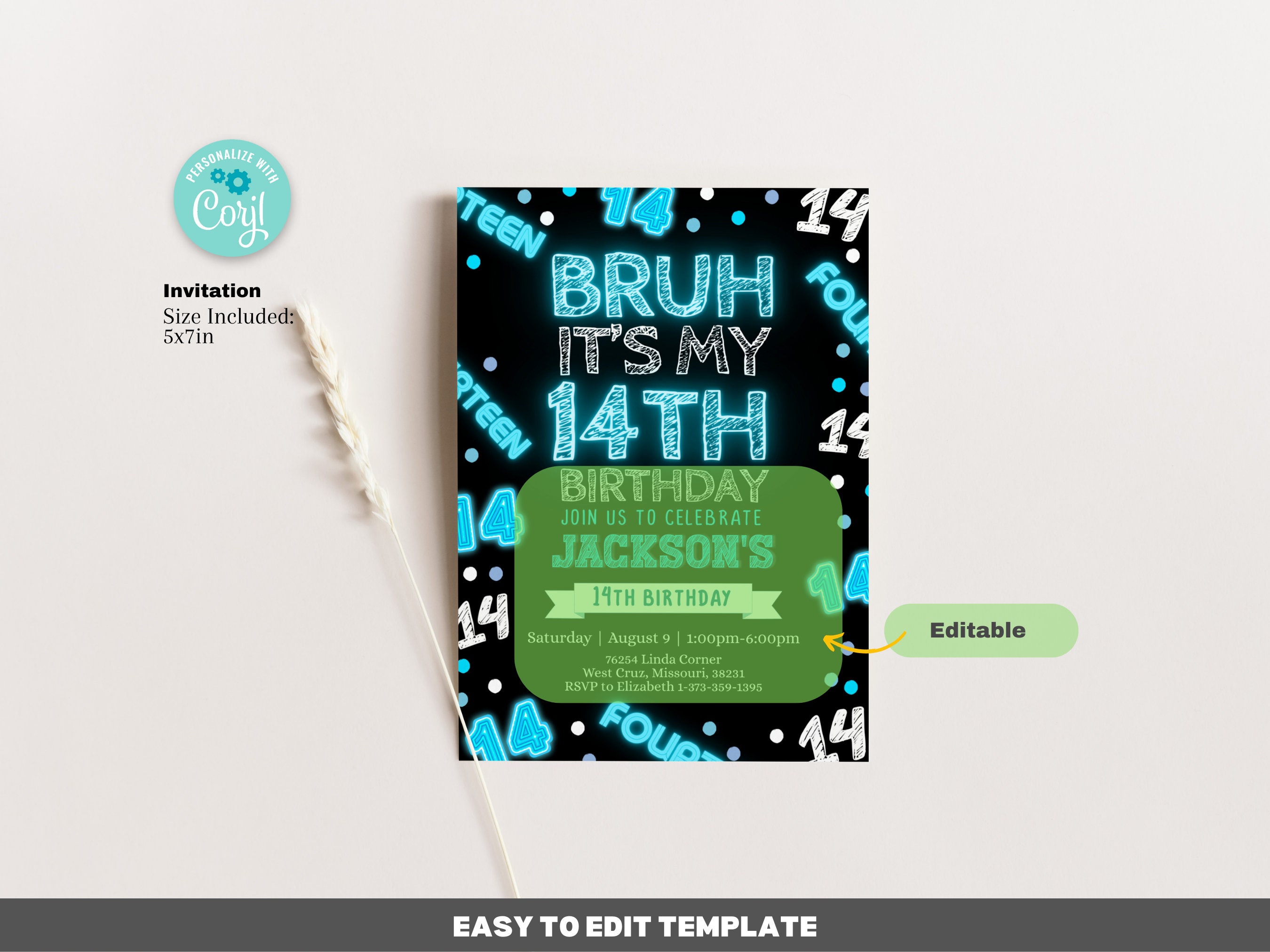 Editable 14th Bruh Neon Birthday Invitation, Boy Birthday Party, Bruh ...