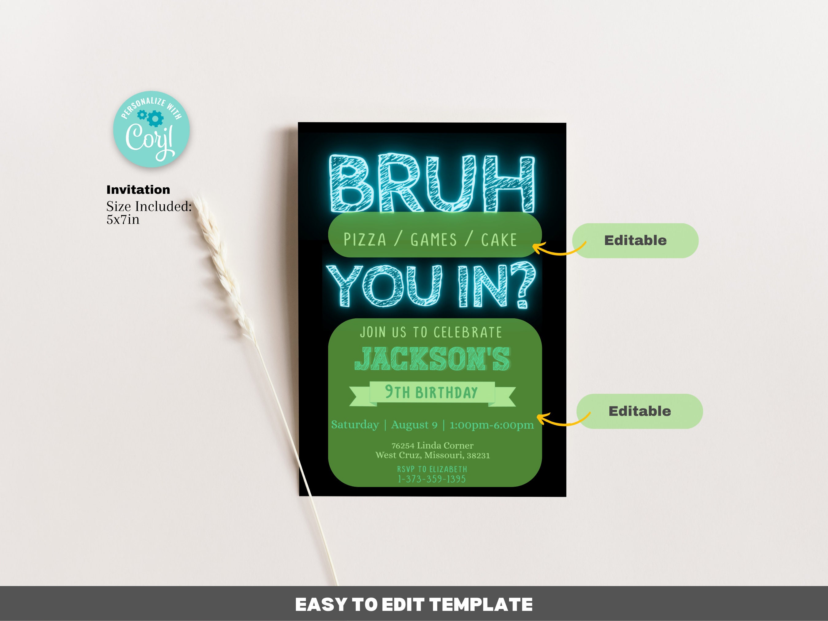 Editable Bruh Neon Birthday Invitation, Boy Birthday Party, Bruh You in ...