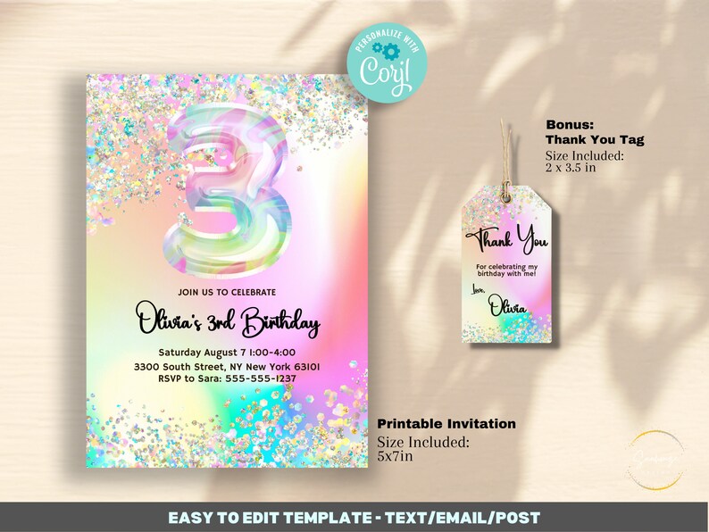 Editable 3rd Birthday Invitation Template Printable, Glitter Iridescent ...