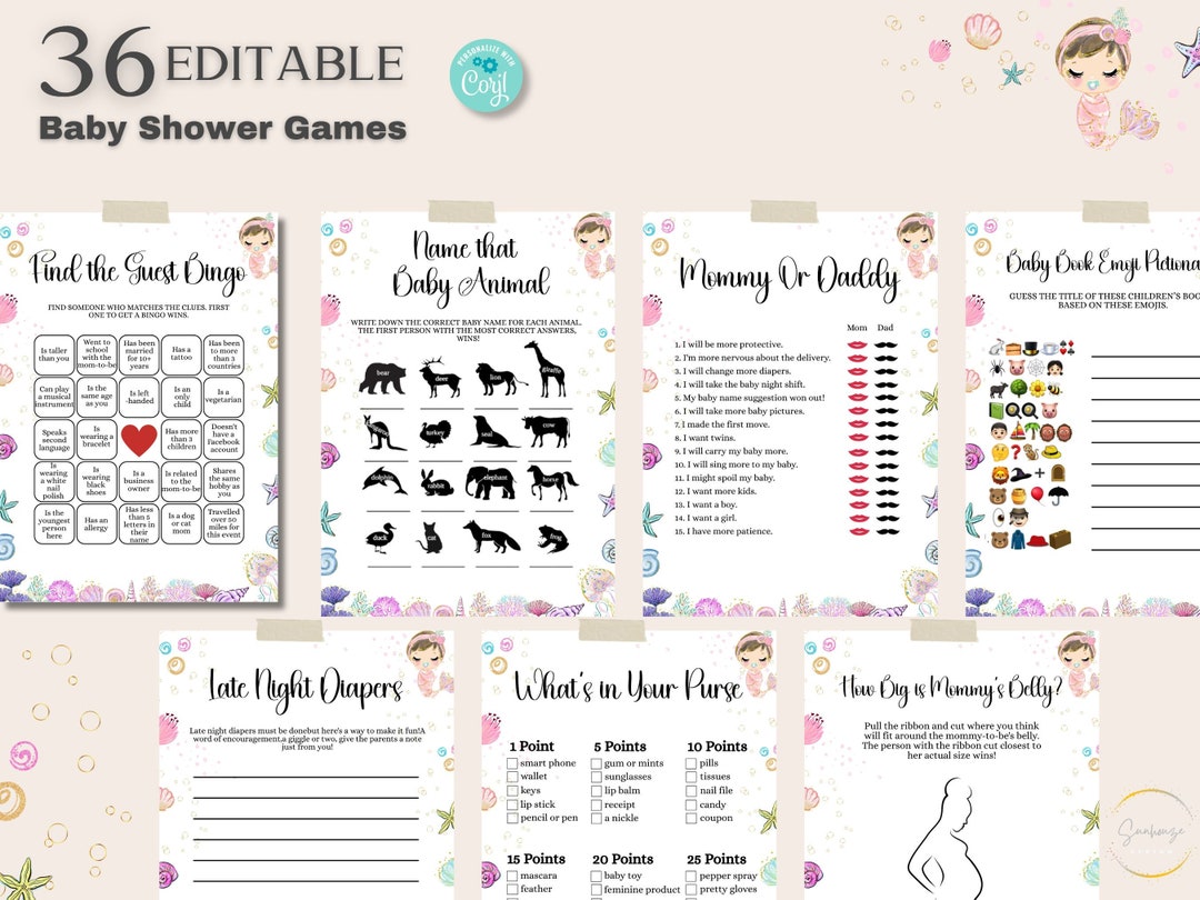 Editable Mermaid Baby Shower Games Bundle, Editable Template, Mermaid ...