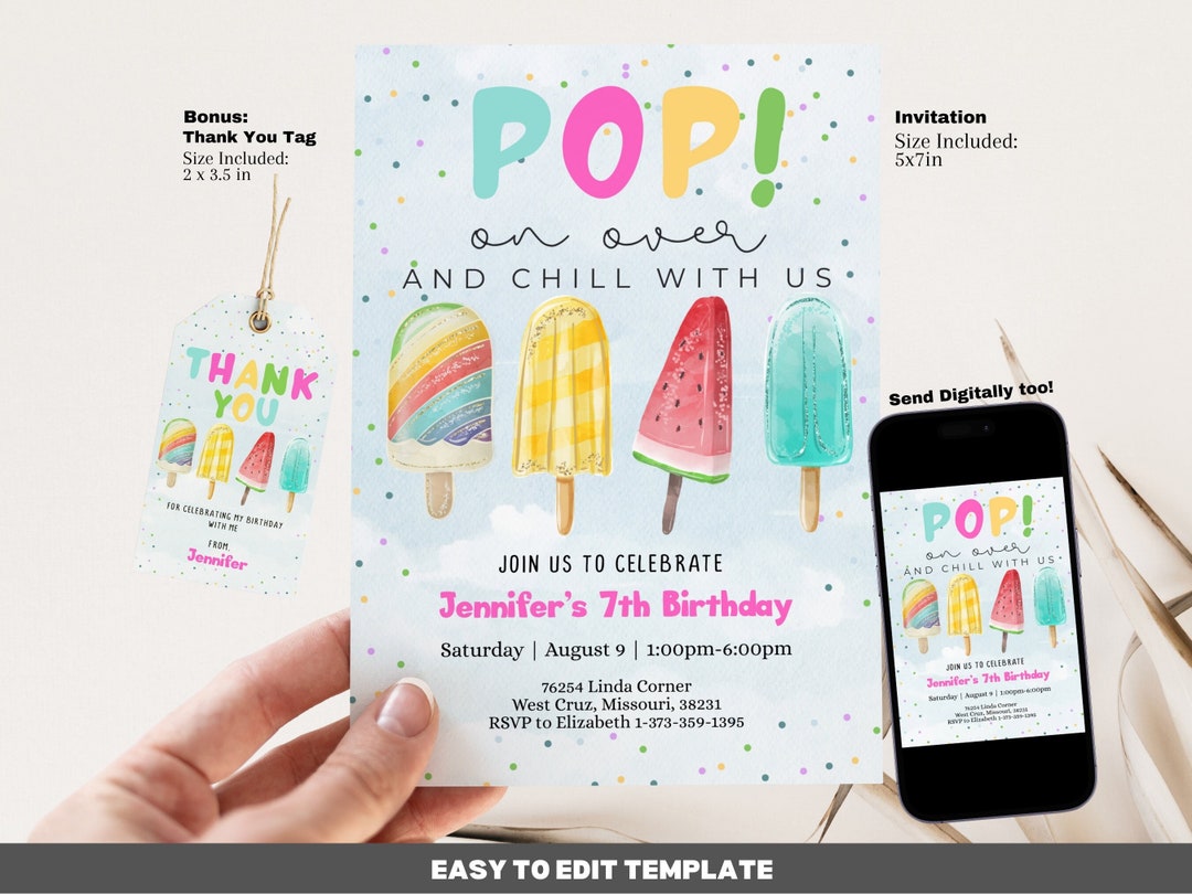 Editable Popsicle Birthday Invitation Template, Pop on Over and Chill ...
