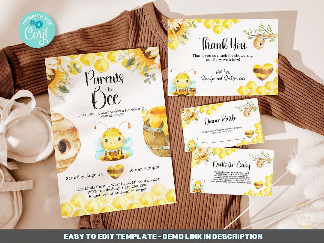 Parents to Bee Baby Shower Invitation Bundle Incl. Printable Invitation ...