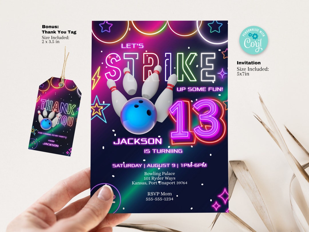 Editable 13th Birthday Bowling Invitation - Neon Glow Bowling Birthday ...