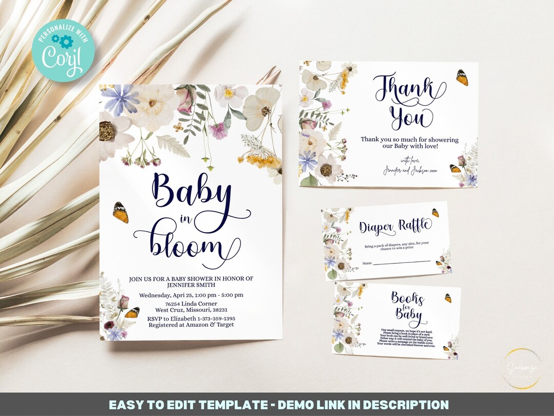 Editable Baby in Bloom Invitation Bundle, Floral Baby Shower Invitation ...