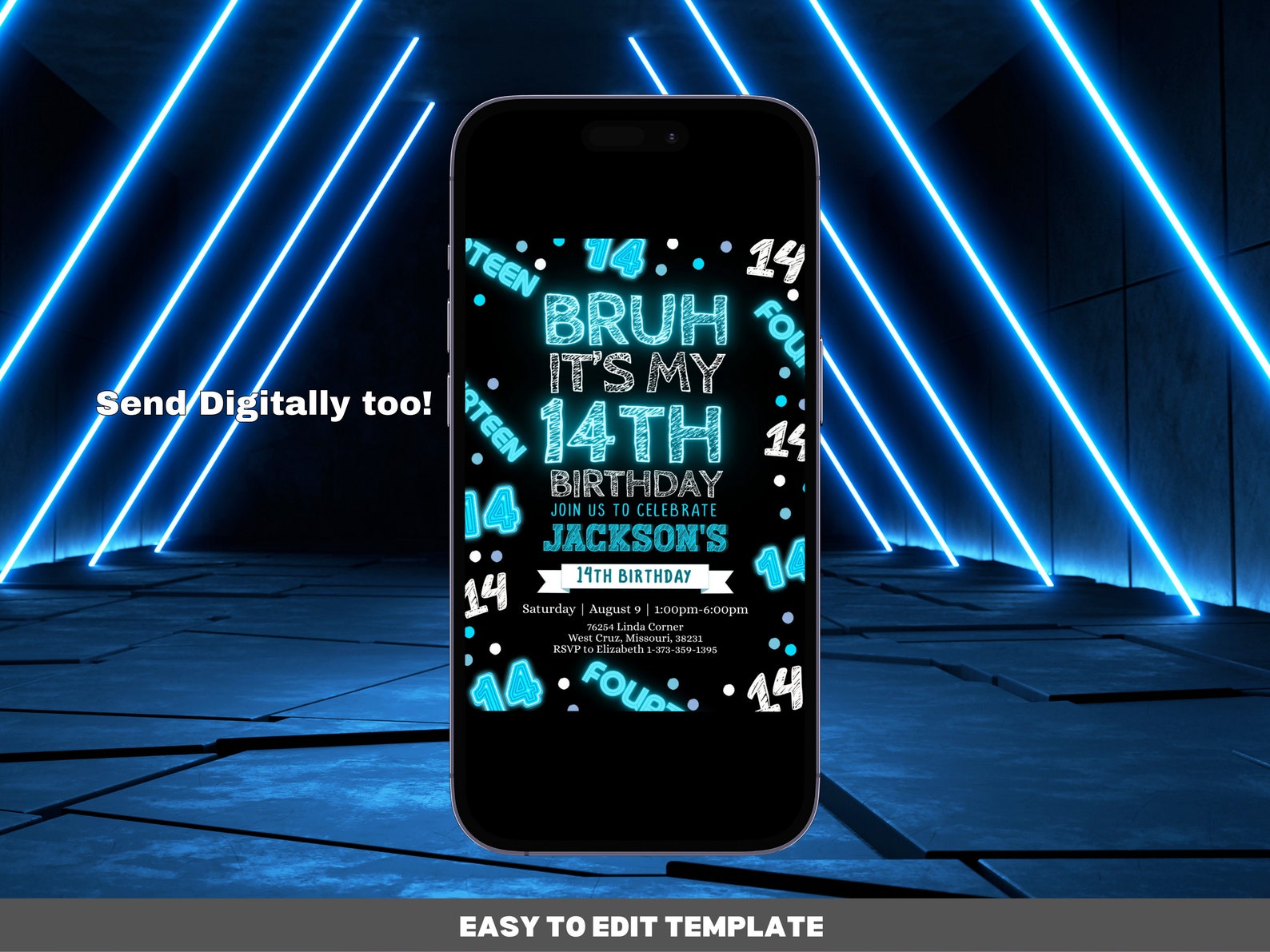 Editable 14th Bruh Neon Birthday Invitation, Boy Birthday Party, Bruh ...