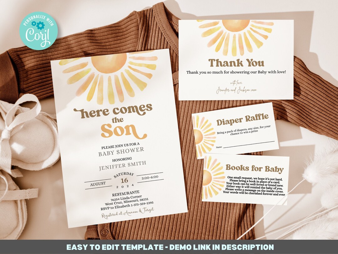 Editable Retro Sun Baby Shower Invitation Template, Shower BUNDLE ...