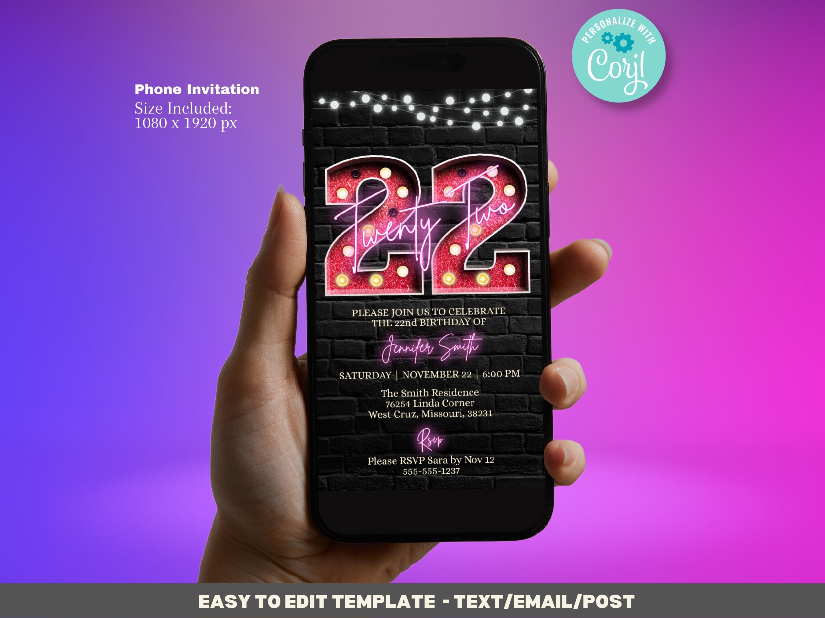 Editable 22nd Birthday Invitation Template Digital Marquee - Etsy