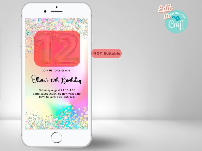 Editable 12th Birthday Invitation Template Glitter Iridescent - Etsy
