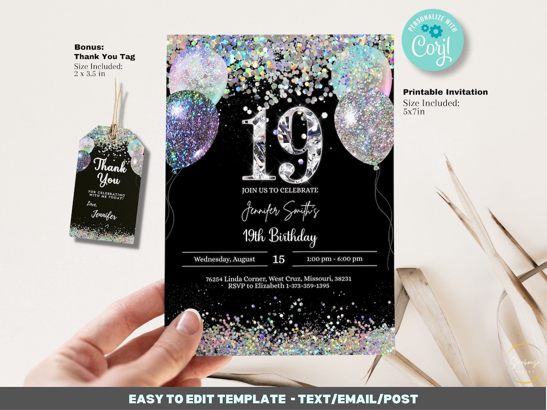 Editable 19th Birthday Invitation Template, Bling Invitation ...