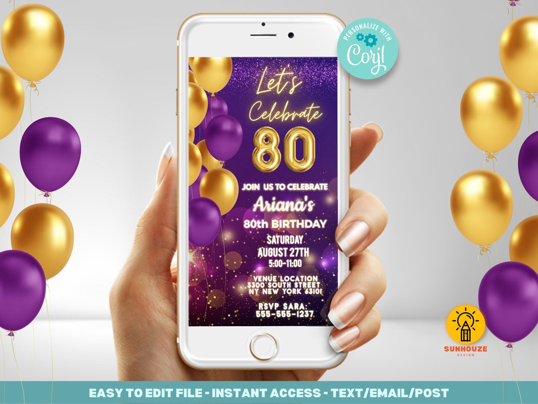 80th Birthday Invitation Template | Digital Invitation Purple Gold ...