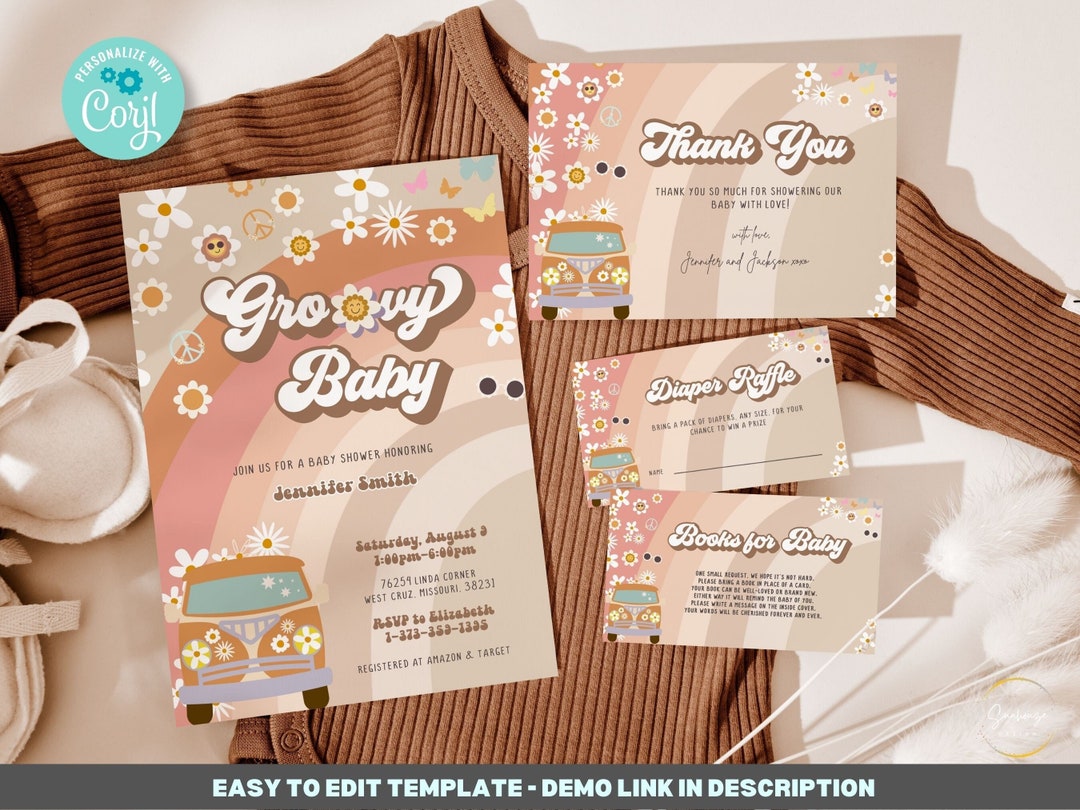 Editable Groovy Baby Shower Invitation Template, Shower Bundle, 70s ...