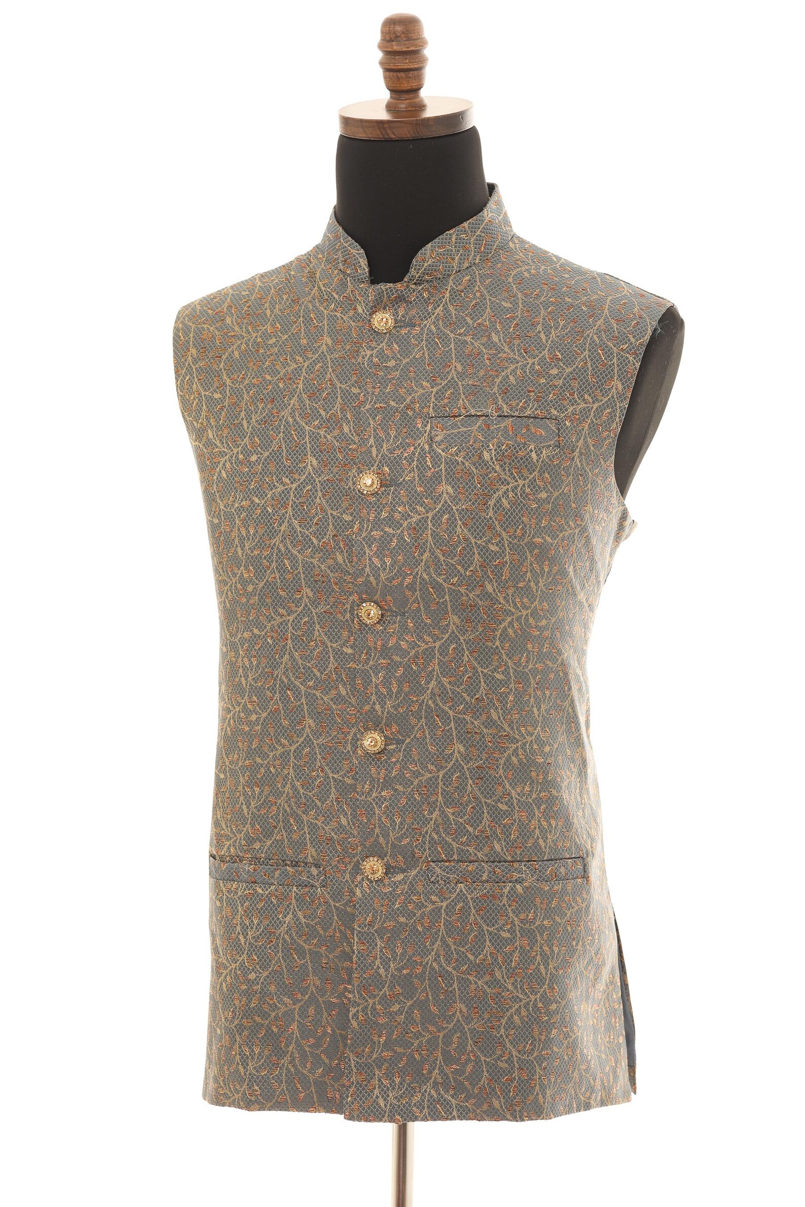 Men's Dark Grey Nehru Jacket – Leaf Pattern With Copper Touch - Etsy