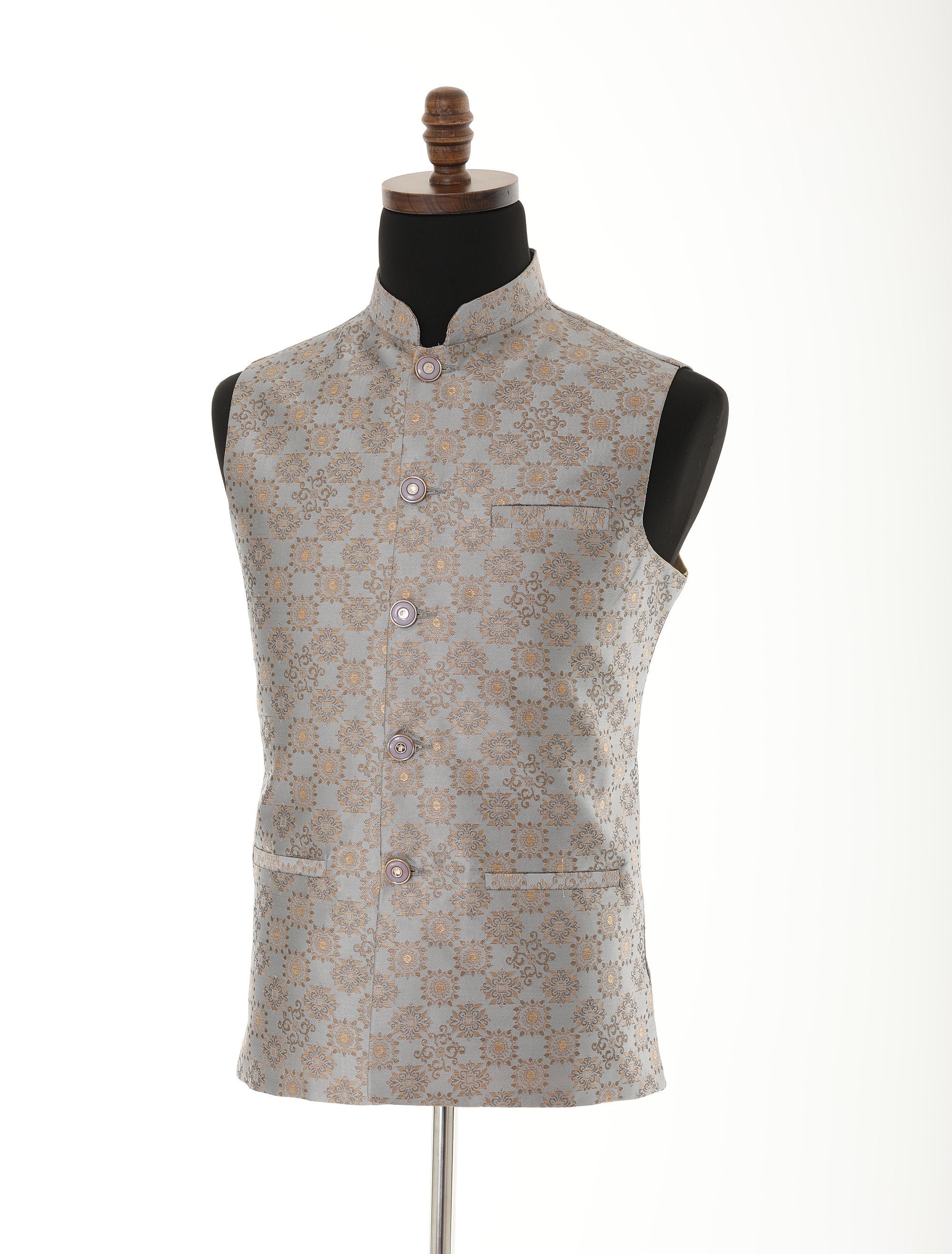 Men's Steel Grey & Gold Nehru Jacket, Sleeveless Jacket, Indian ...