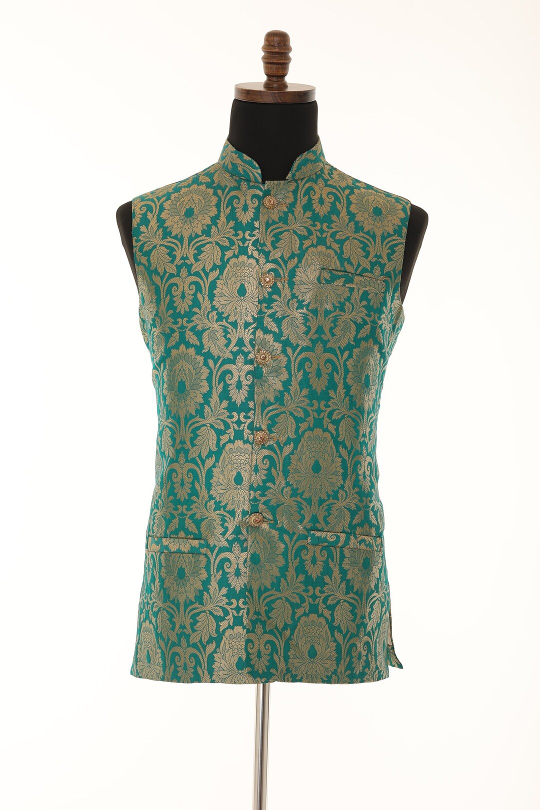 Men's Turq/green With Gold Nehru Jacket Sleeveless - Etsy