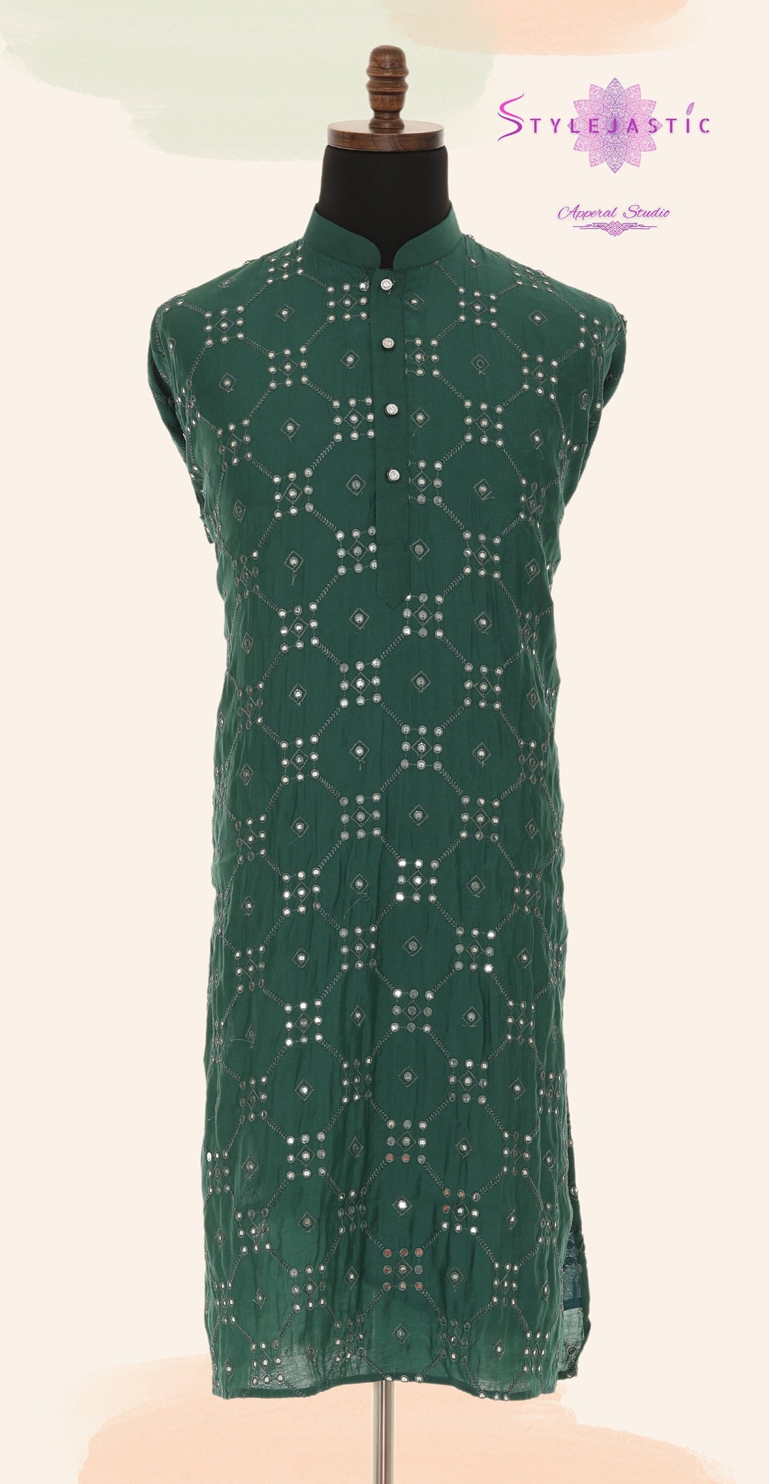 Men's Readymade Green Mirrorwork Kurta Pajama for Party Wear, Puja ...