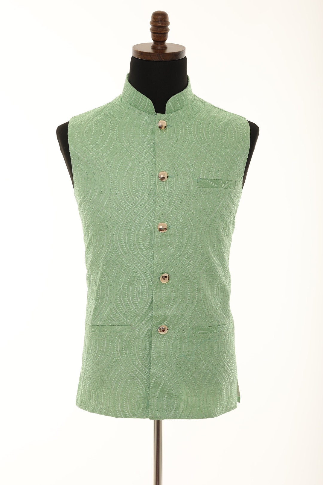 Men's Self Embellished Textured Thread Work Nehru Jacket, Sleeveless ...