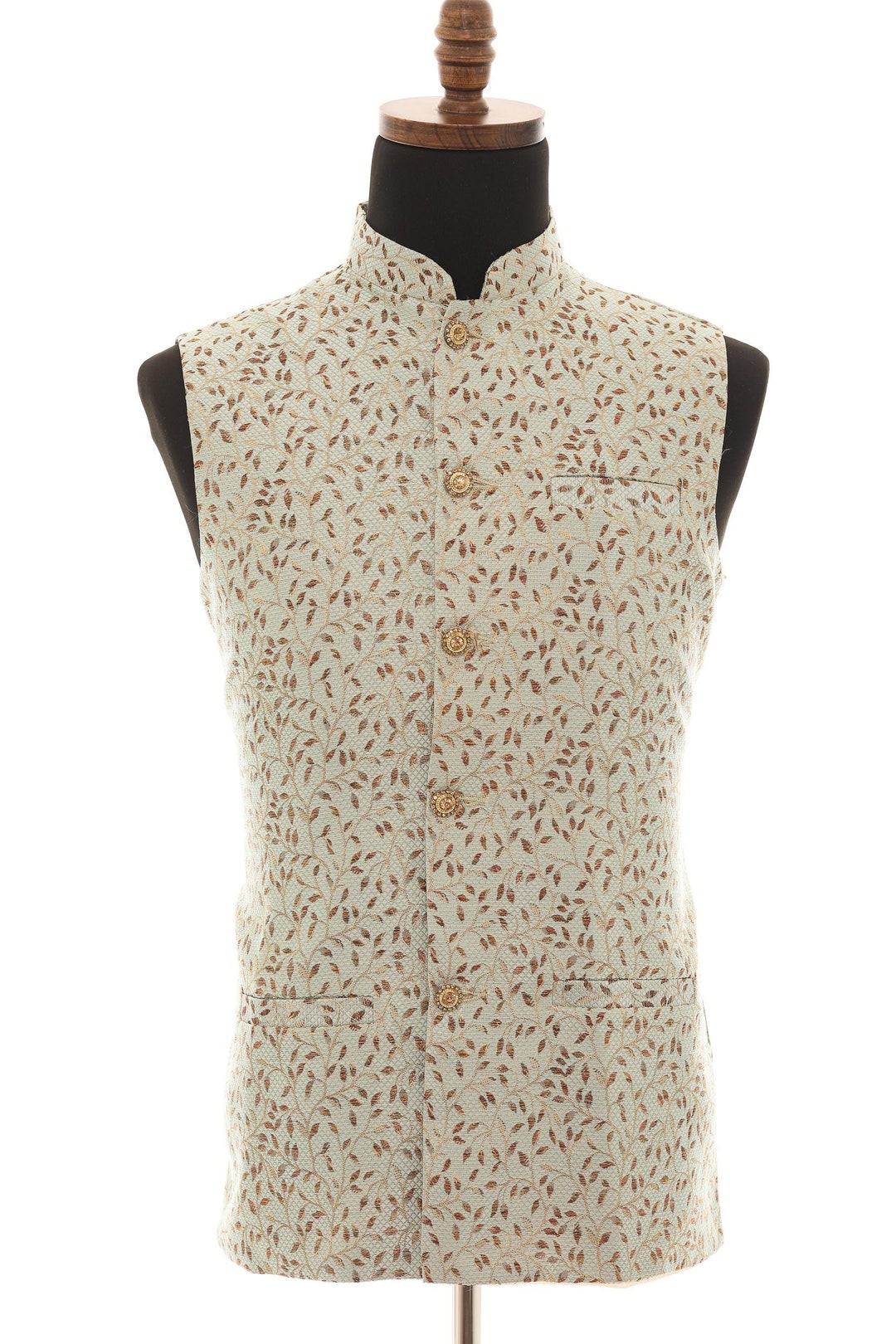 Men's Light Grey Nehru Jacket Leaf Pattern With Copper Touch - Etsy