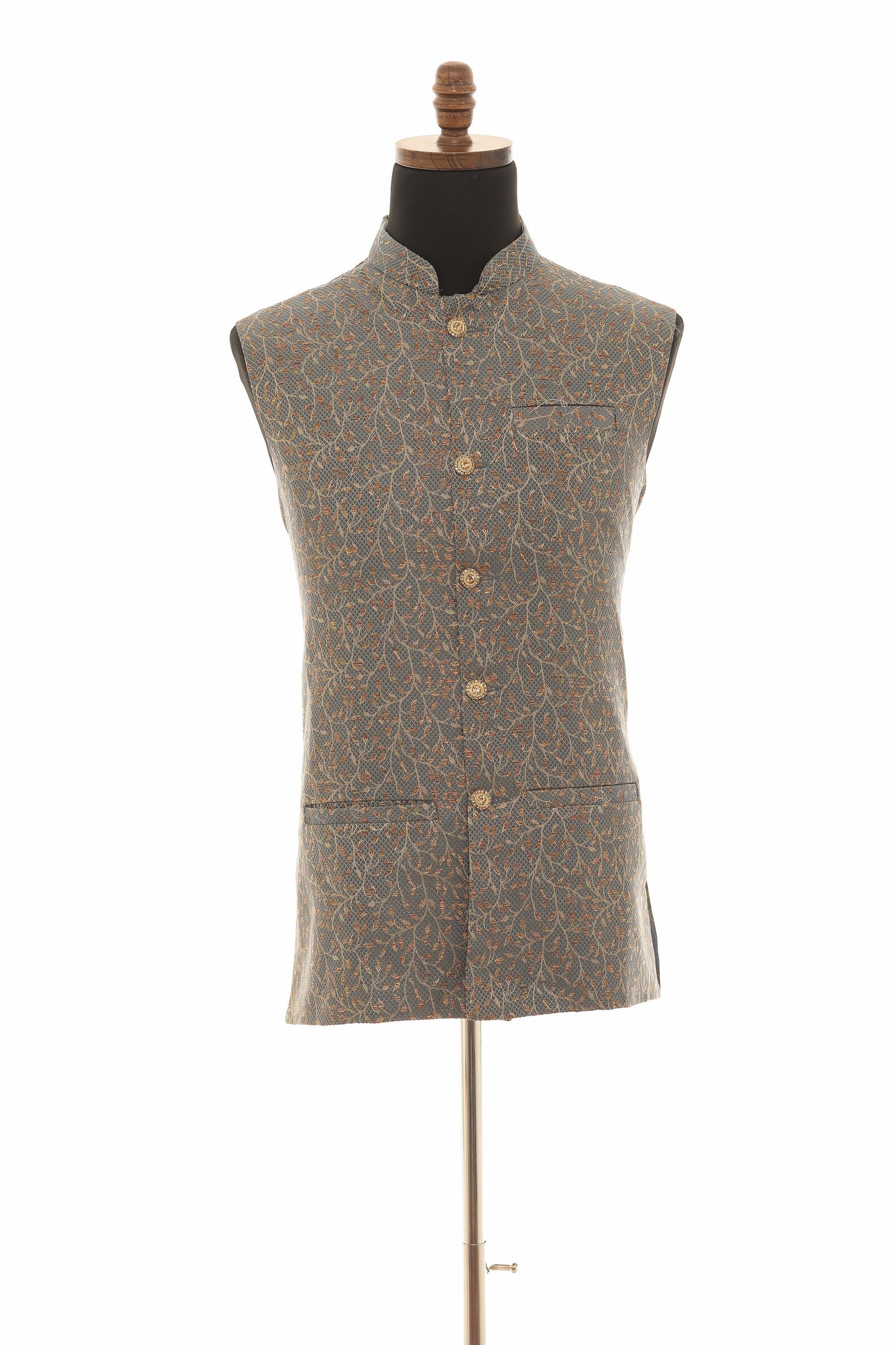 Men's Dark Grey Nehru Jacket – Leaf Pattern With Copper Touch - Etsy
