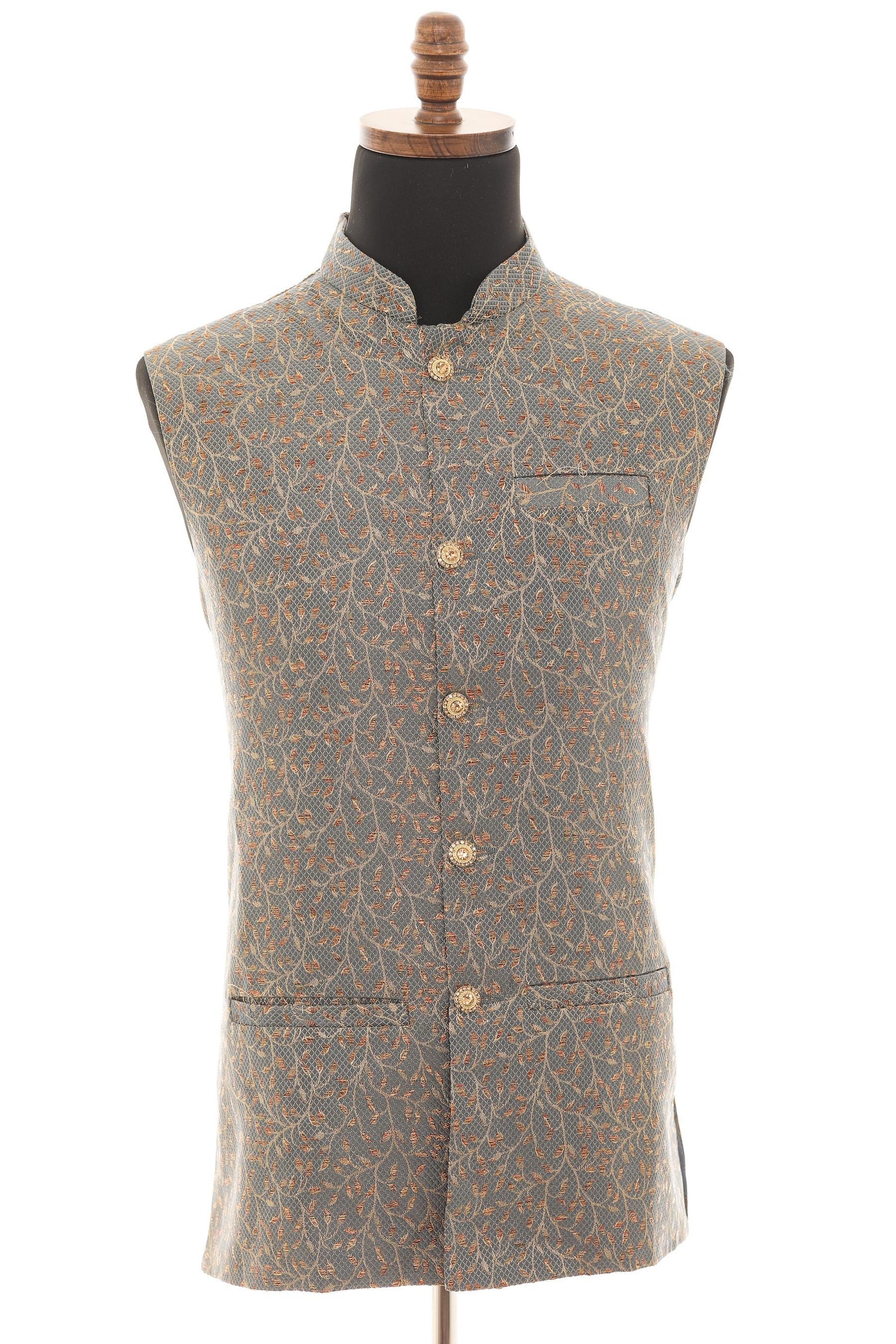 Men's Dark Grey Nehru Jacket – Leaf Pattern With Copper Touch - Etsy