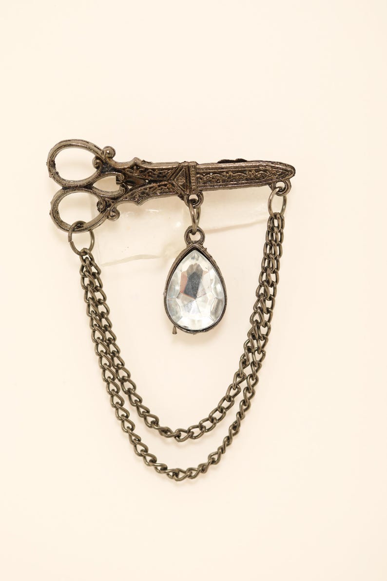 Vintage Scissor Brooch With Crystal Pendant and Chain Drape - Etsy