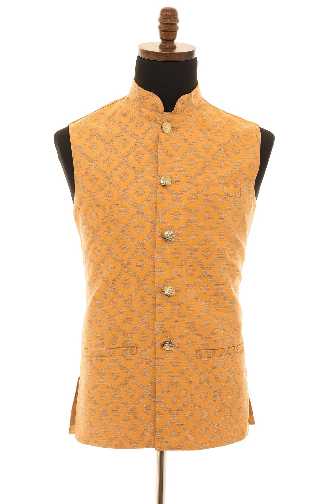 Men's Soft Yellow Nehru Jacket – Elegant Banaras Fabric Vest for ...