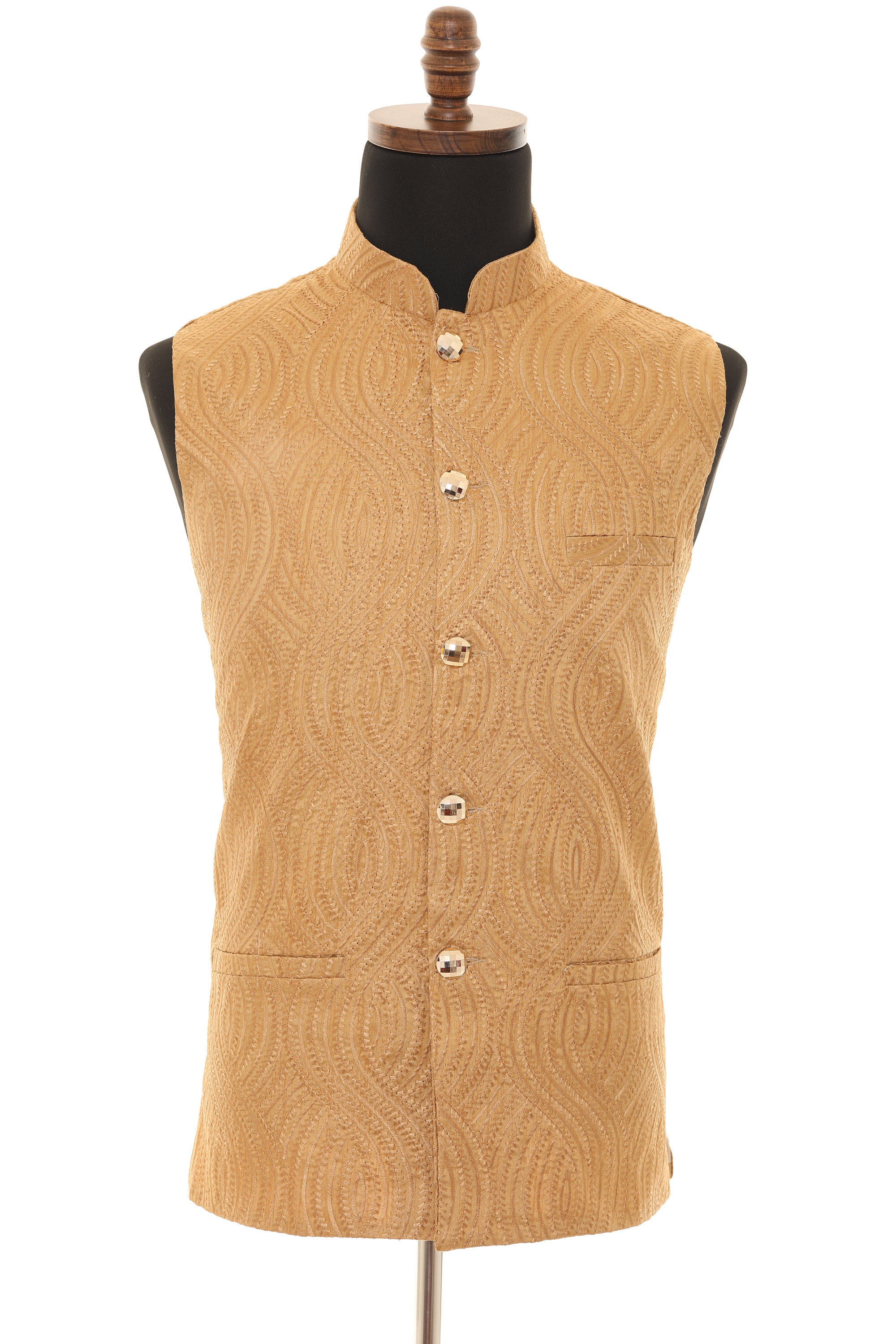 Men's Self Embellished Textured Thread Work Nehru Jacket, Sleeveless ...