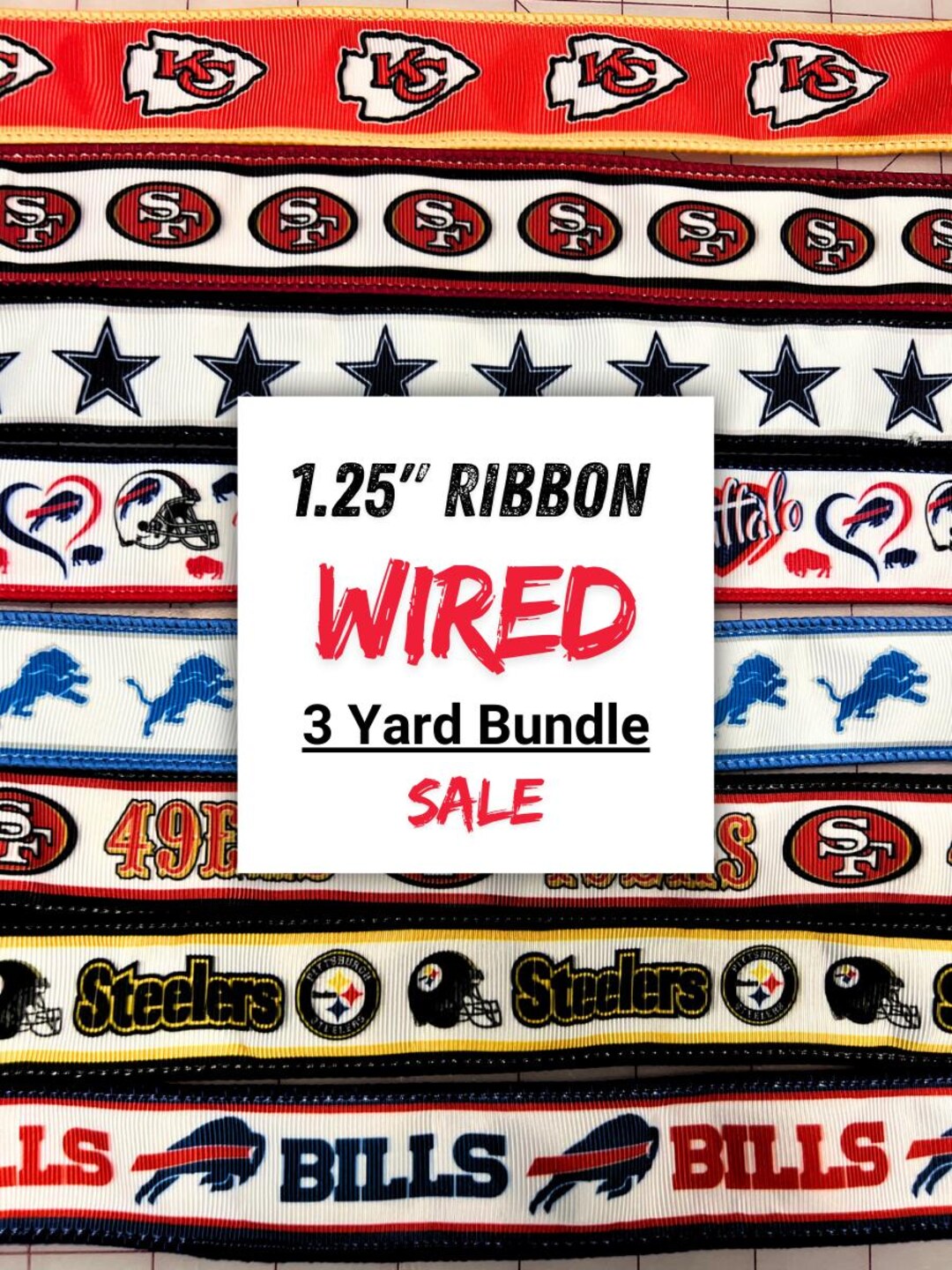 Pro Football Teams 3 Yard WIRED BUNDLE, 1.25inch Wide, Grosgrain Ribbon ...