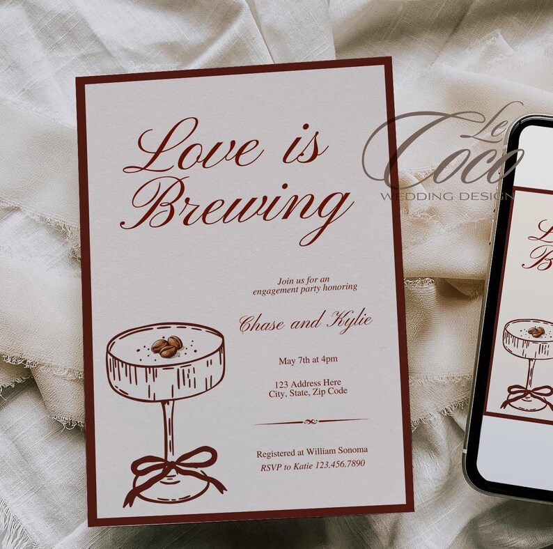 Hand Drawn Love is Brewing Engagement Party Invitation, Old Money Love ...