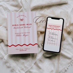 Girls Gone Mild Bach Itinerary Invitation Template, Spa Bach Itinerary Template, Pink Stripe Bow ...