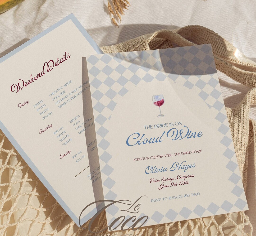 On Cloud Wine Bachelorette Itinerary Invitation Template, on Cloud 9 Luxe Bach Itinerary ...