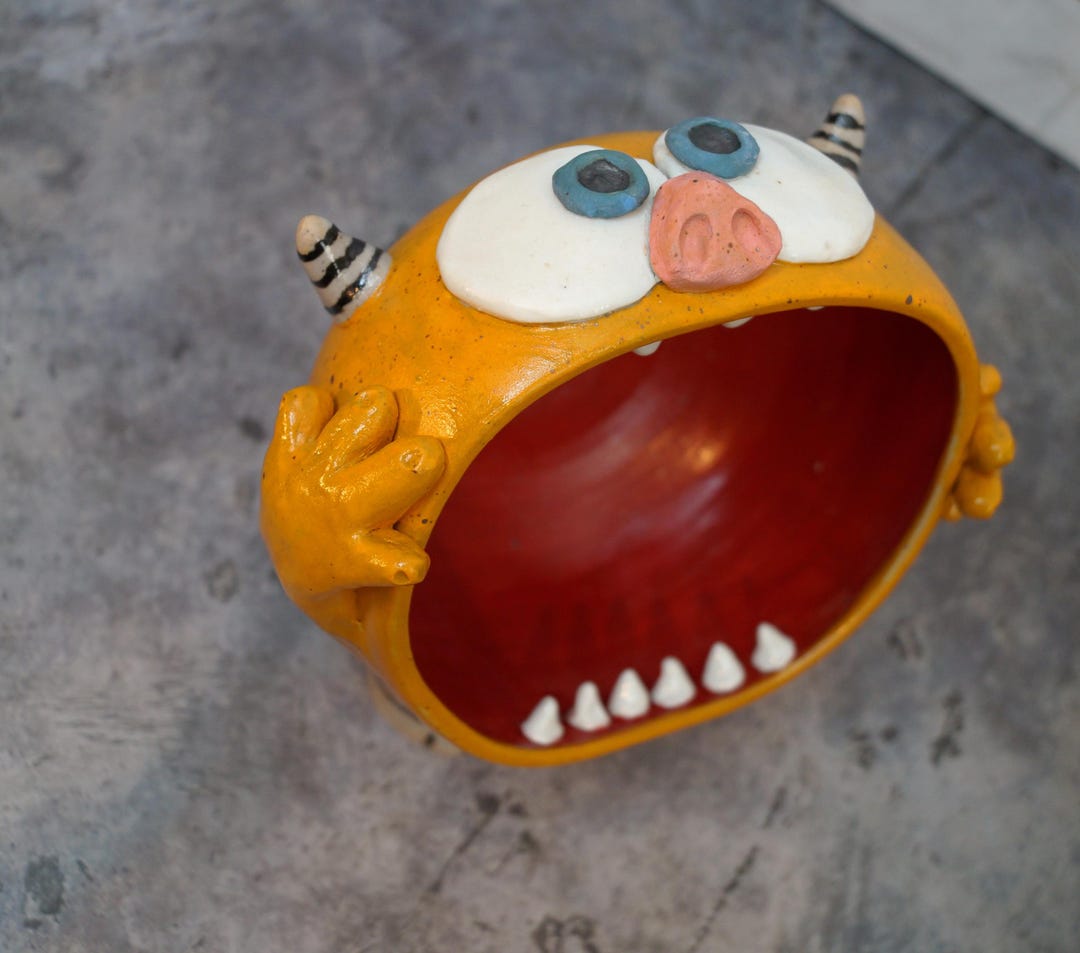 Big Mouth Monster Bowl: Handmade Stoneware Pottery, Adorable Troll Face ...