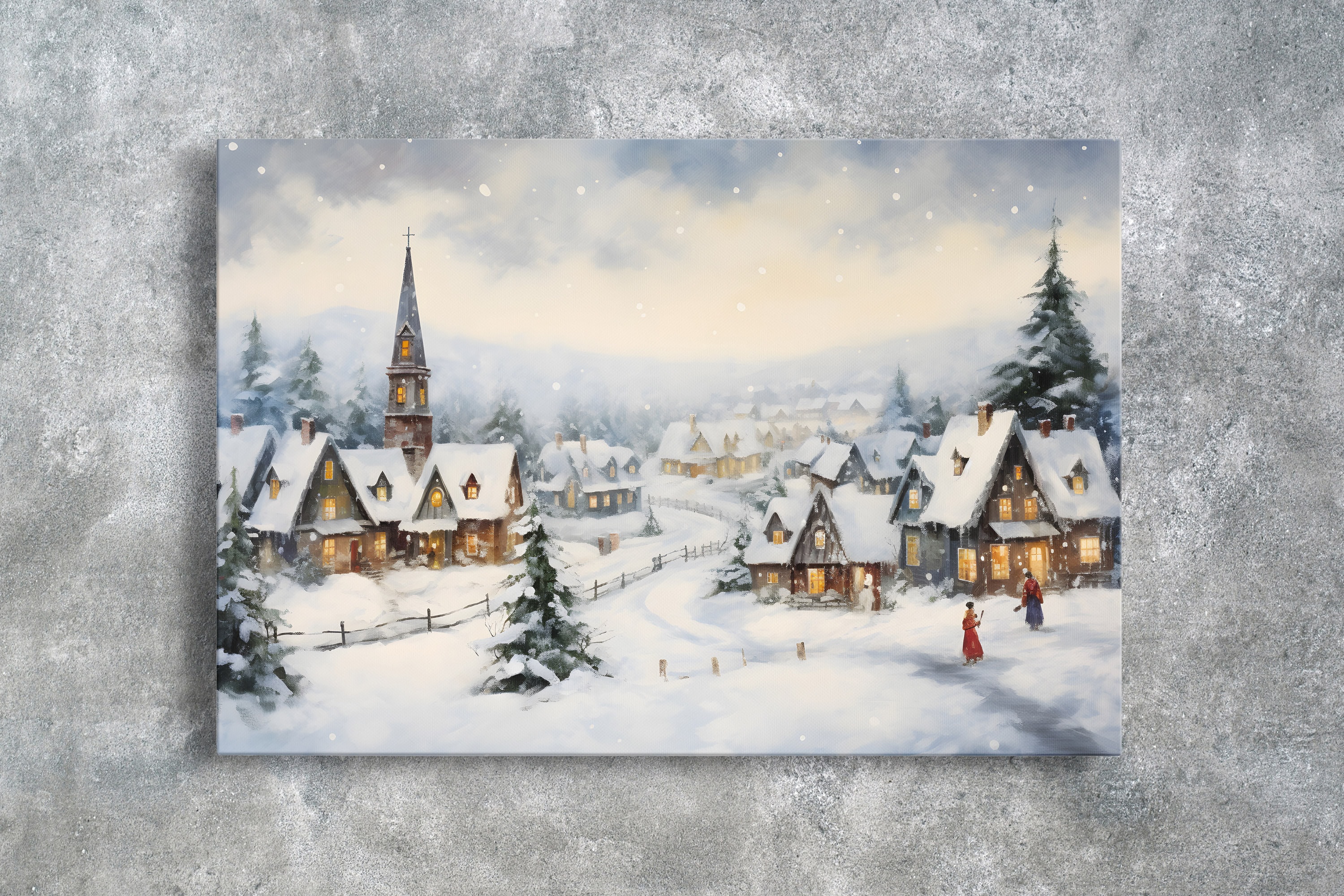 Vintage Snowy Christmas Village Painting Print Framed Canvas - Etsy