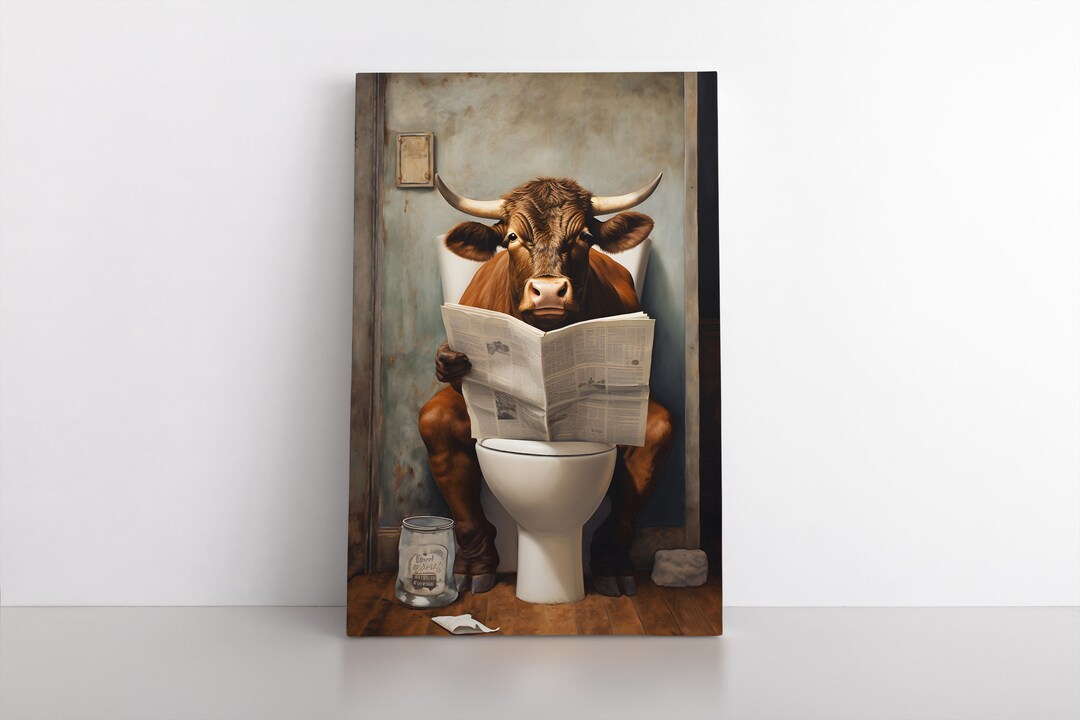 Cow Sitting on the Toilet Reading the Newspaper | Framed Canvas Print ...