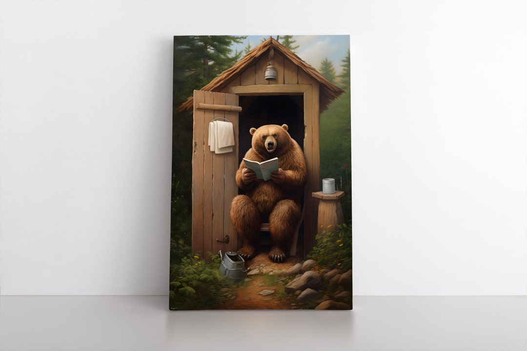 Grizzly Bear Sitting On The Outhouse Toilet Reading Newspaper Funny ...