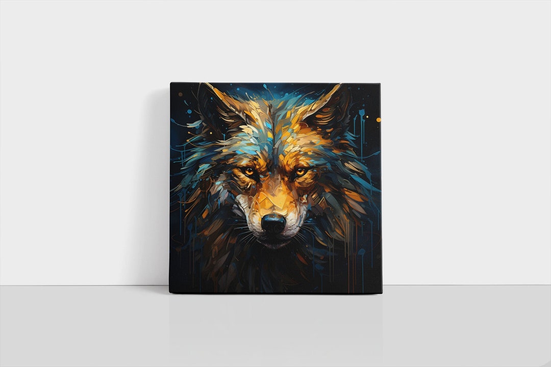Colorful Spirit Wolf Portrait Oil Painting Print on Framed Canvas Wall ...
