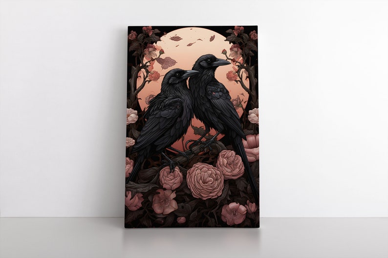 Two Romantic Gothic Ravens & Rose Flowers Canvas Wall Art Print | Dark ...