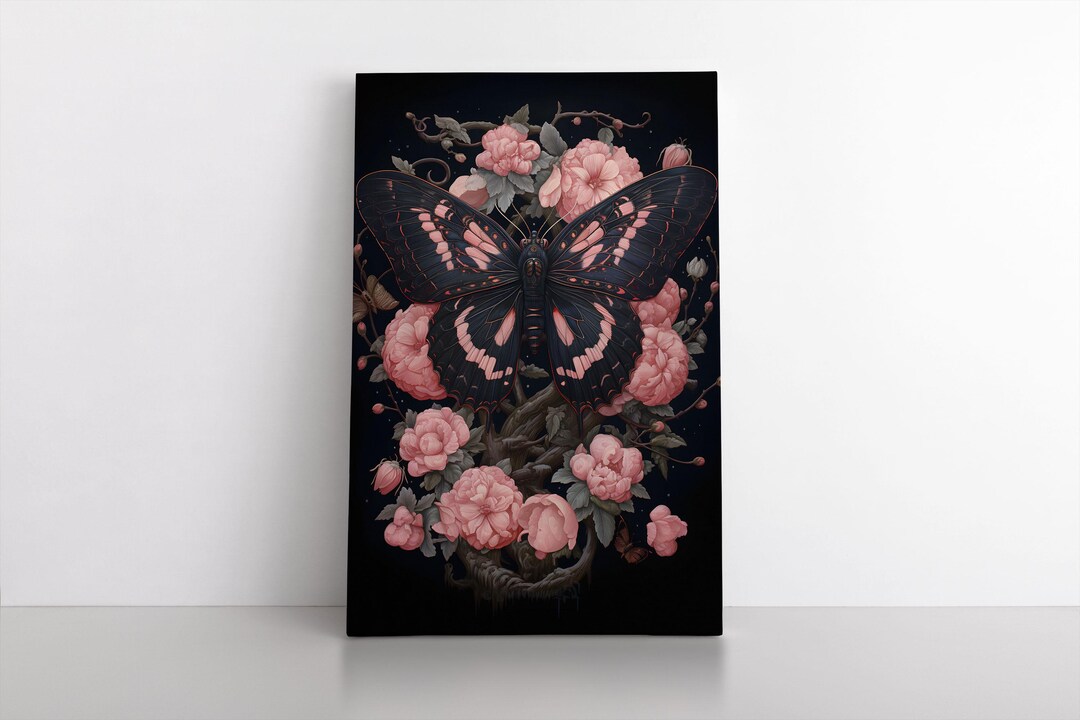 Dark Floral Moth & Roses Painting on Canvas Wall Art Print | Gothic ...