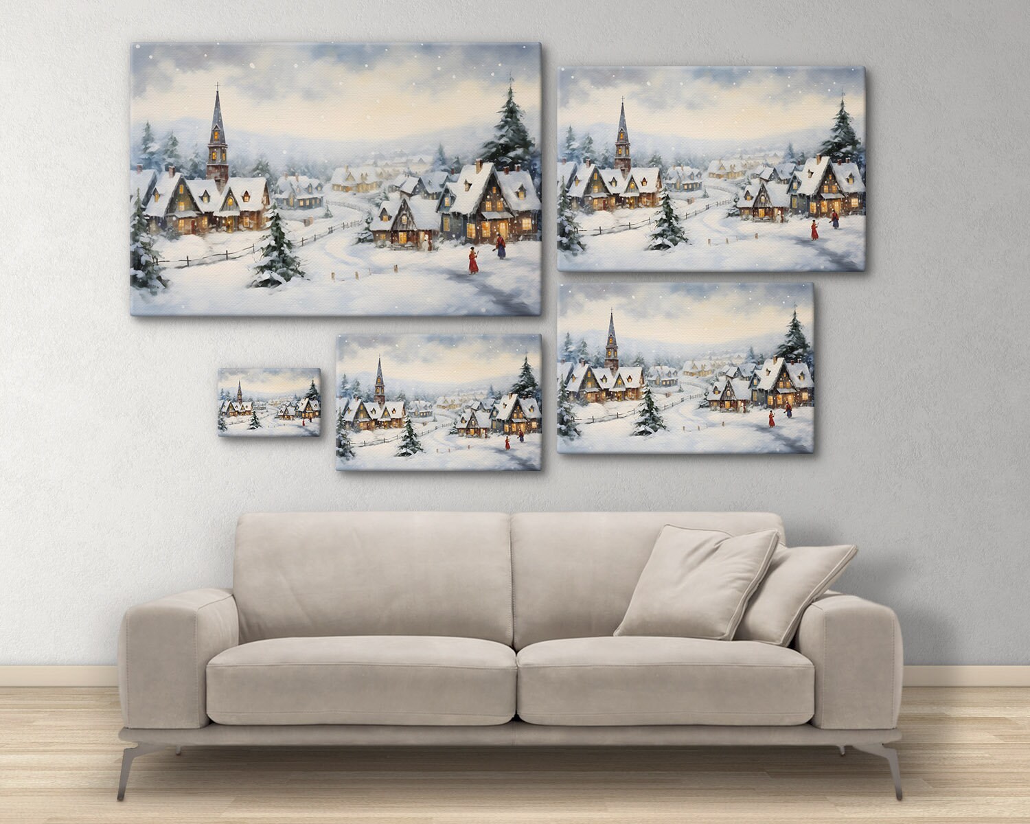 Vintage Snowy Christmas Village Painting Print Framed Canvas - Etsy