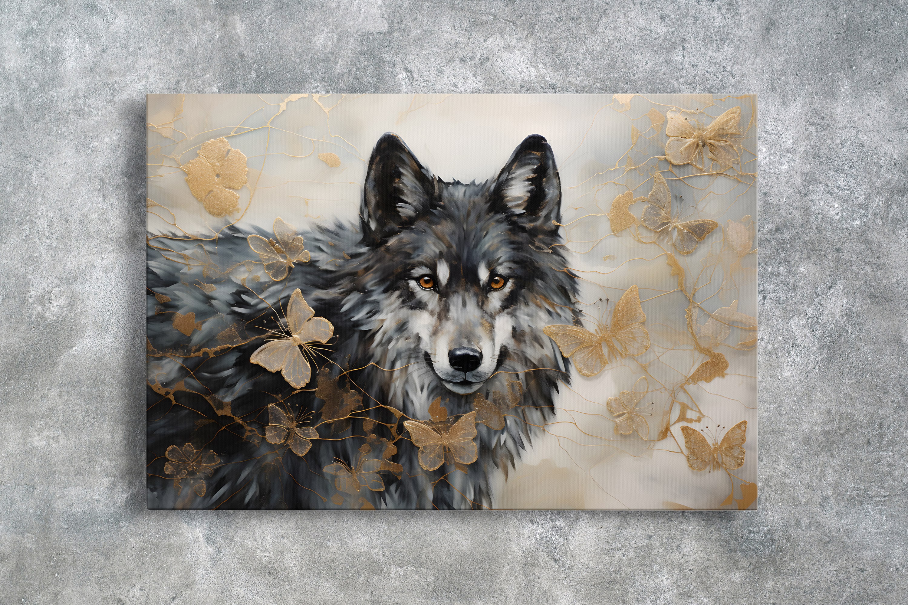 Grey Wolf & Butterflies Painting Print on Framed Canvas Wolves Artwork ...