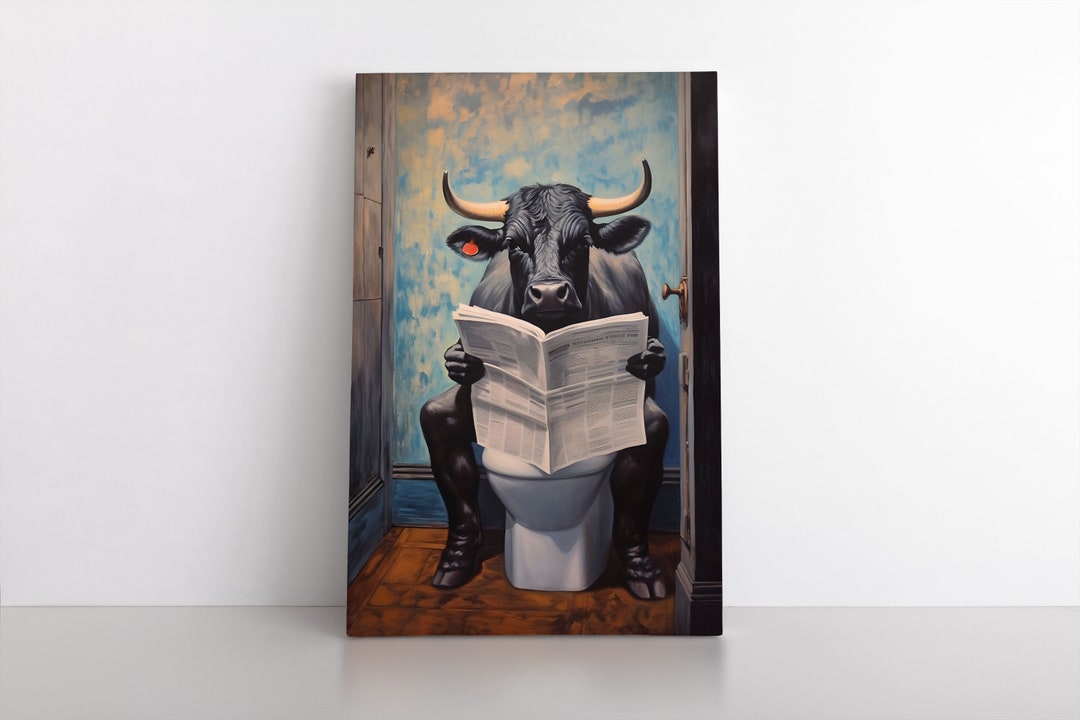 Black Angus Bull Cow Sitting on the Toilet Reading the Newspaper Canvas ...