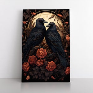 Two Romantic Gothic Ravens & Red Rose Flowers Canvas Wall Art Print ...