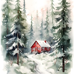 Minimalist Watercolor Snowy Cabin in Winter Forest Painting Print ...