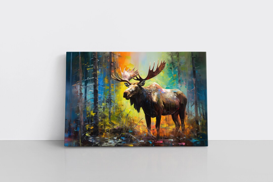 Colorful Woodland Moose Oil Painting Print on Framed Canvas Wall Art ...