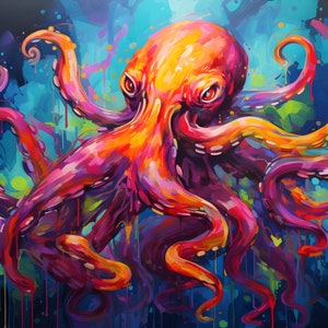 Colorful Octopus Oil Painting Print on Framed Canvas Wall Art Home ...