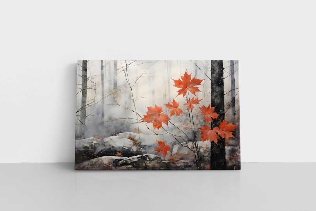 Foggy Forest Painting | Misty Maple Tree Leaves Framed Canvas Wall Art ...