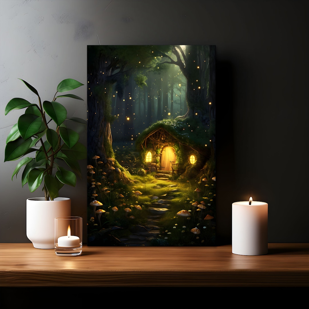Magical Enchanted Spirit Forest Hut With Fireflies Canvas Wall Art ...