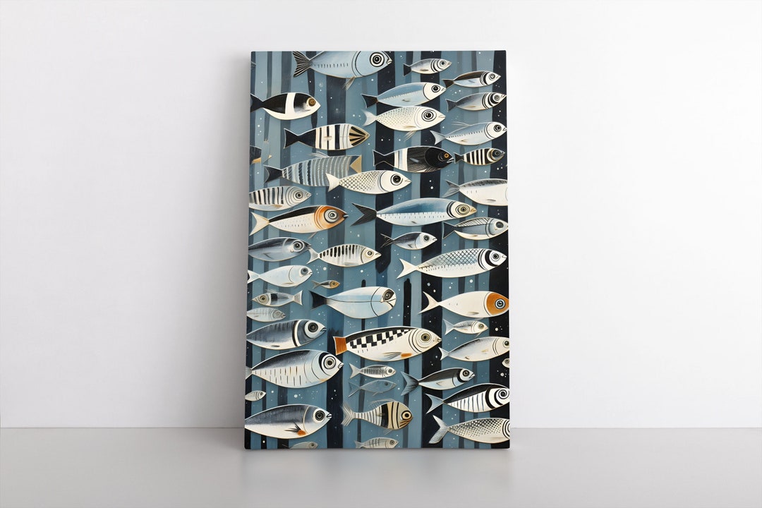 Quirky Bohemian Fish Painting Print on Framed Canvas Wall Art Blue ...