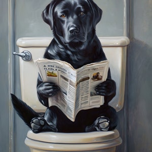 Black Labrador Dog Sitting on the Toilet Reading Newspaper Painting ...