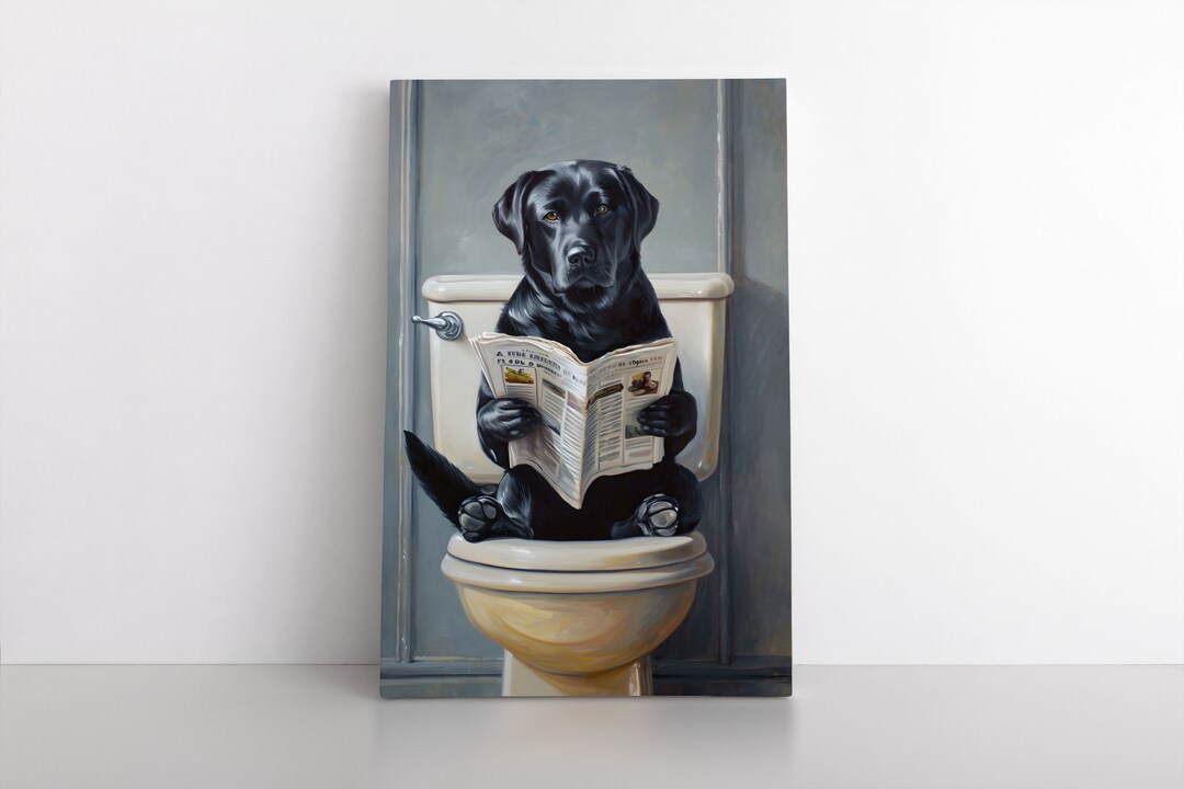 Black Labrador Dog Sitting on the Toilet Reading Newspaper Painting ...