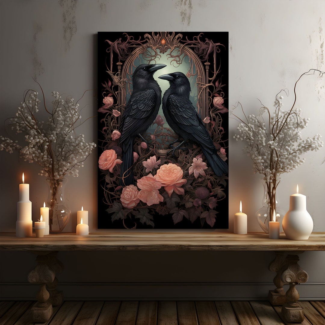 Romantic Gothic Ravens & Rose Flowers Canvas Wall Art Print | Crowcore ...